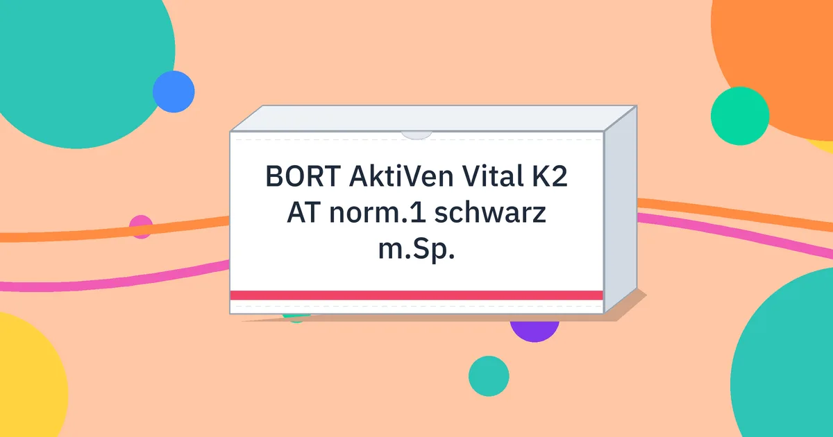 Symbolbild: Packung mit der Aufschrift BORT AktiVen Vital K2 AT norm.1 schwarz m.Sp. (PZN 13740460) – Verfügbarkeit und Bezug in Apotheken in Frankfurt am Main