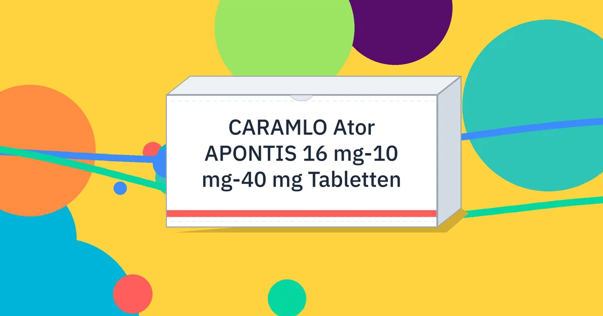 Symbolbild: Packung mit der Aufschrift CARAMLO Ator APONTIS 16 mg-10 mg-40 mg Tabletten (PZN 19182245) – Verfügbarkeit und Bezug in Apotheken in Frankfurt am Main