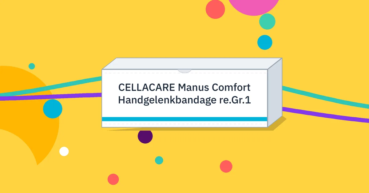 Symbolbild: Packung mit der Aufschrift CELLACARE Manus Comfort Handgelenkbandage re.Gr.1 (PZN 11660840) – Verfügbarkeit und Bezug in Apotheken in Frankfurt am Main