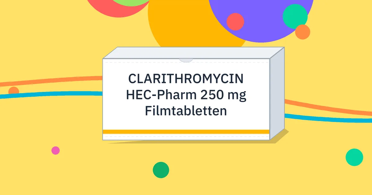 Symbolbild: Packung mit der Aufschrift CLARITHROMYCIN HEC-Pharm 250 mg Filmtabletten (PZN 12872739) – Verfügbarkeit und Bezug in Apotheken in Frankfurt am Main