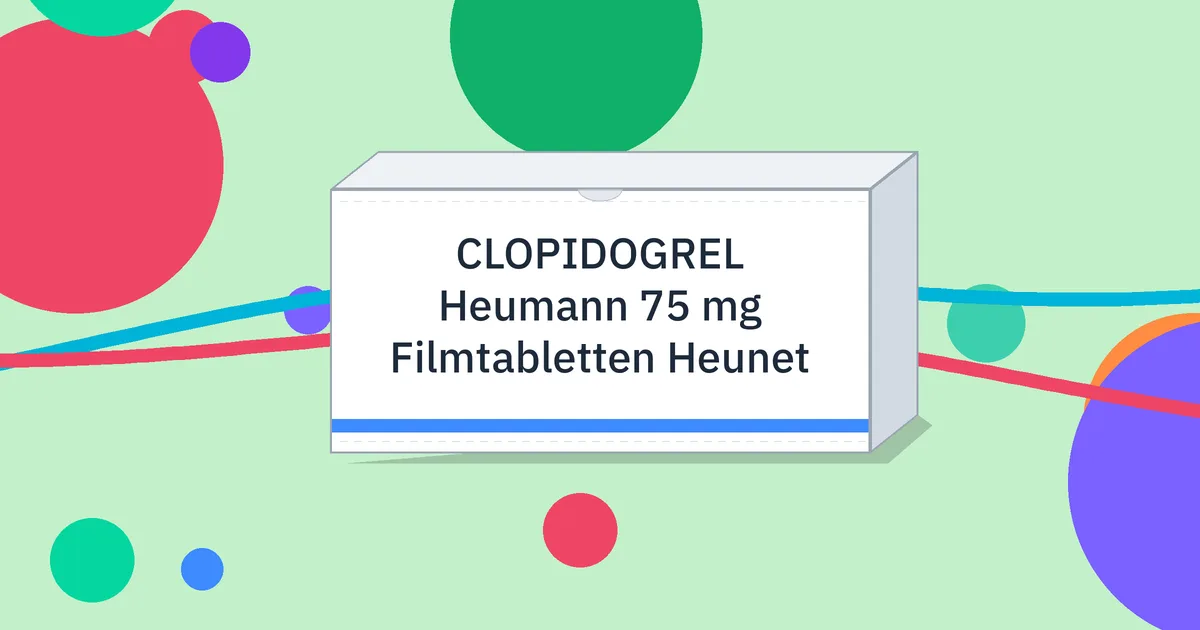Symbolbild: Packung mit der Aufschrift CLOPIDOGREL Heumann 75 mg Filmtabletten Heunet (PZN 09884615) – Verfügbarkeit und Bezug in Apotheken in Frankfurt am Main