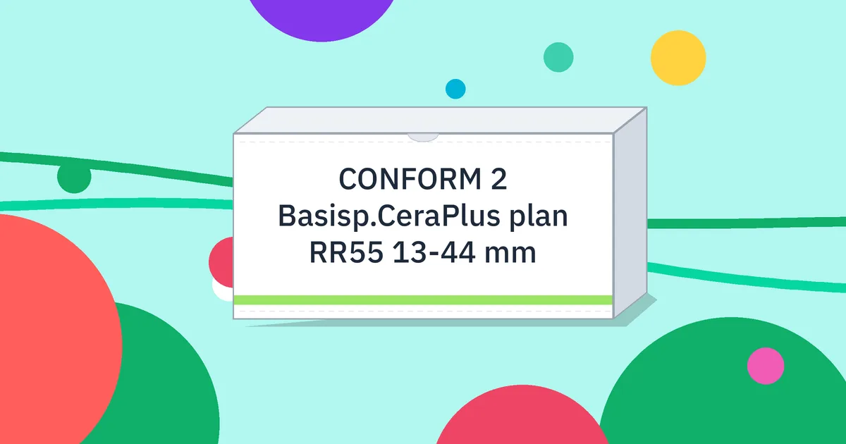 Symbolbild: Packung mit der Aufschrift CONFORM 2 Basisp.CeraPlus plan RR55 13-44 mm (PZN 16851444) – Verfügbarkeit und Bezug in Apotheken in Frankfurt am Main