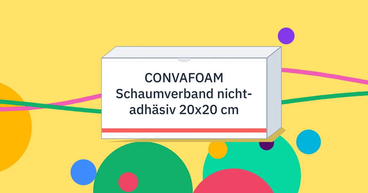 Symbolbild: Packung mit der Aufschrift CONVAFOAM Schaumverband nicht-adhäsiv 20x20 cm (PZN 20410898) – Verfügbarkeit und Bezug in Apotheken in Frankfurt am Main