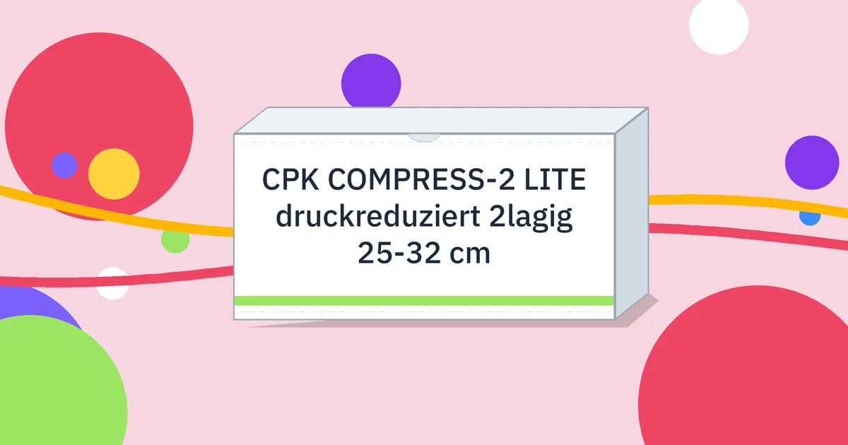 Symbolbild: Packung mit der Aufschrift CPK COMPRESS-2 LITE druckreduziert 2lagig 25-32 cm (PZN 20368601) – Verfügbarkeit und Bezug in Apotheken in Frankfurt am Main