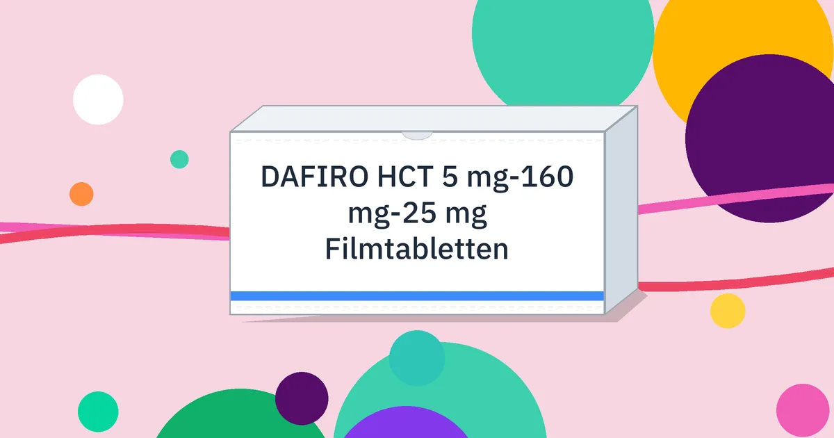 Symbolbild: Packung mit der Aufschrift DAFIRO HCT 5 mg-160 mg-25 mg Filmtabletten (PZN 11113842) – Verfügbarkeit und Bezug in Apotheken in Frankfurt am Main