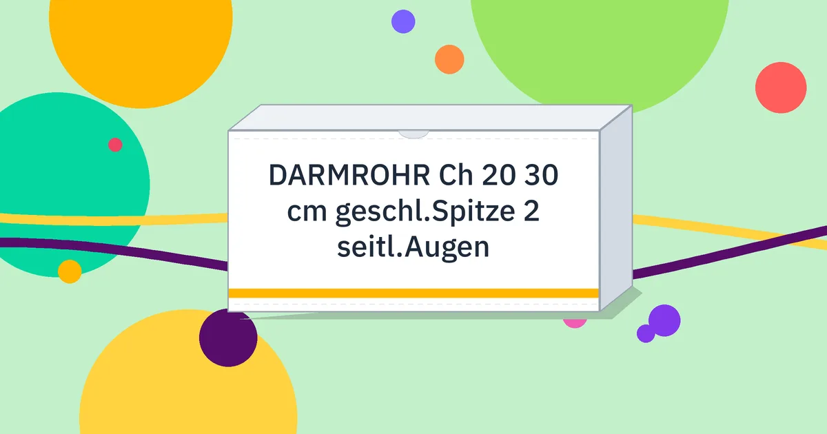 Symbolbild: Packung mit der Aufschrift DARMROHR Ch 20 30 cm geschl.Spitze 2 seitl.Augen (PZN 09091955) – Verfügbarkeit und Bezug in Apotheken in Frankfurt am Main