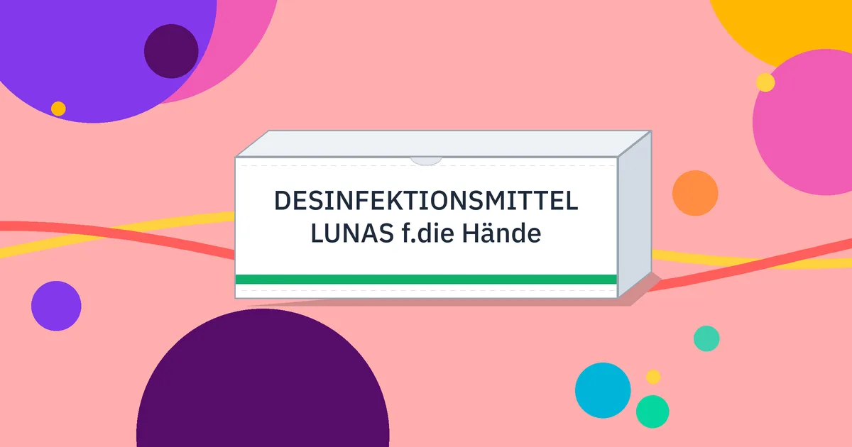 Symbolbild: Packung mit der Aufschrift DESINFEKTIONSMITTEL LUNAS f.die Hände (PZN 16740288) – Verfügbarkeit und Bezug in Apotheken in Frankfurt am Main