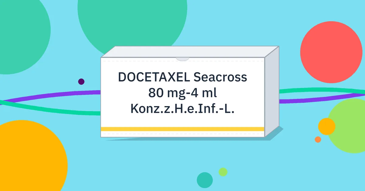 Symbolbild: Packung mit der Aufschrift DOCETAXEL Seacross 80 mg-4 ml Konz.z.H.e.Inf.-L. (PZN 18274979) – Verfügbarkeit und Bezug in Apotheken in Frankfurt am Main