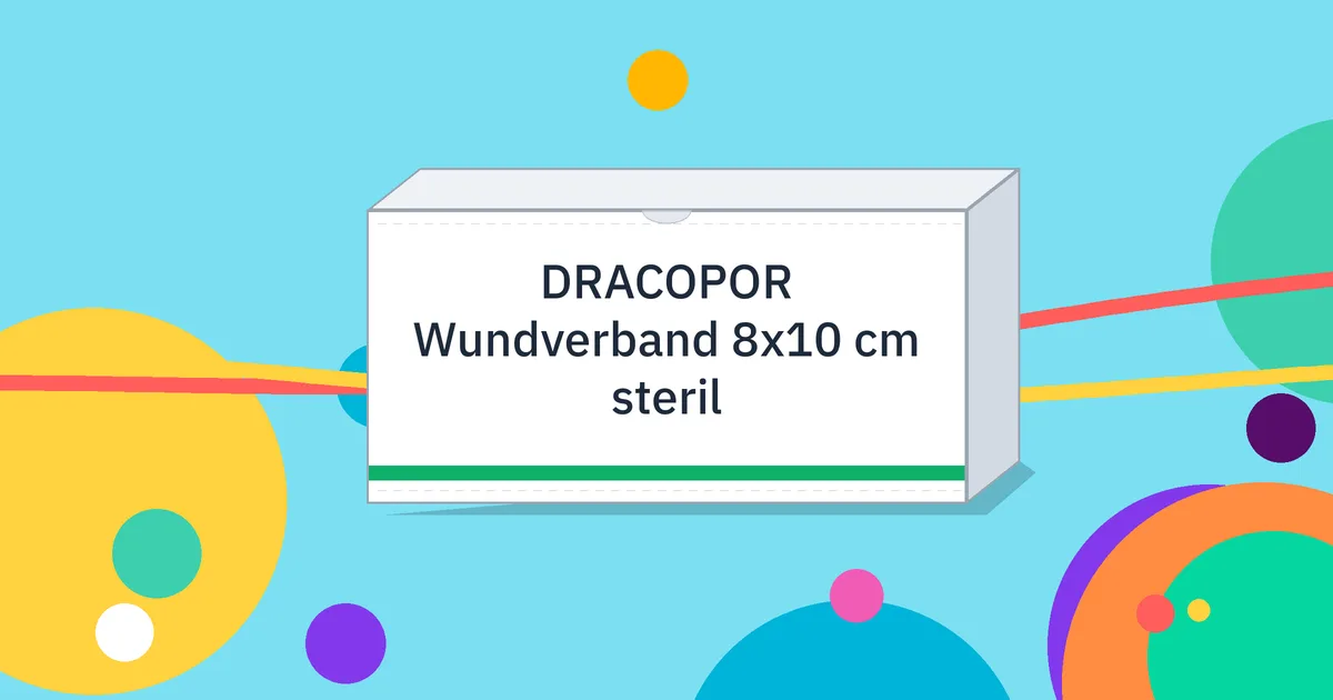 Symbolbild: Packung mit der Aufschrift DRACOPOR Wundverband 8x10 cm steril (PZN 12749105) – Verfügbarkeit und Bezug in Apotheken in Frankfurt am Main