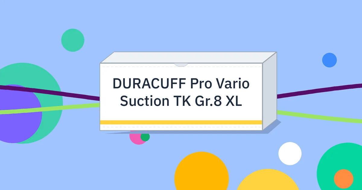 Symbolbild: Packung mit der Aufschrift DURACUFF Pro Vario Suction TK Gr.8 XL (PZN 19245968) – Verfügbarkeit und Bezug in Apotheken in Frankfurt am Main