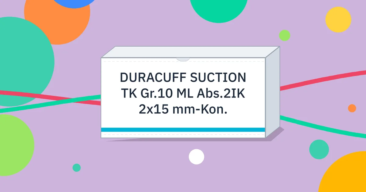 Symbolbild: Packung mit der Aufschrift DURACUFF SUCTION TK Gr.10 ML Abs.2IK 2x15 mm-Kon. (PZN 04961251) – Verfügbarkeit und Bezug in Apotheken in Frankfurt am Main