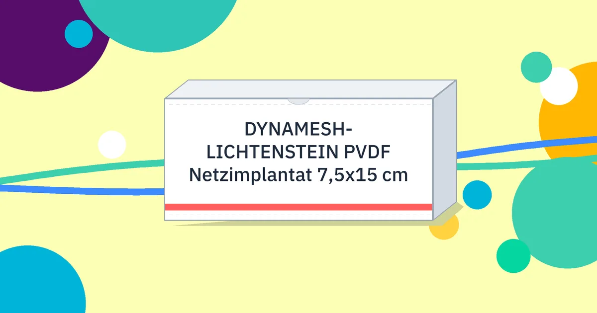 Symbolbild: Packung mit der Aufschrift DYNAMESH-LICHTENSTEIN PVDF Netzimplantat 7,5x15 cm (PZN 19372684) – Verfügbarkeit und Bezug in Apotheken in Frankfurt am Main