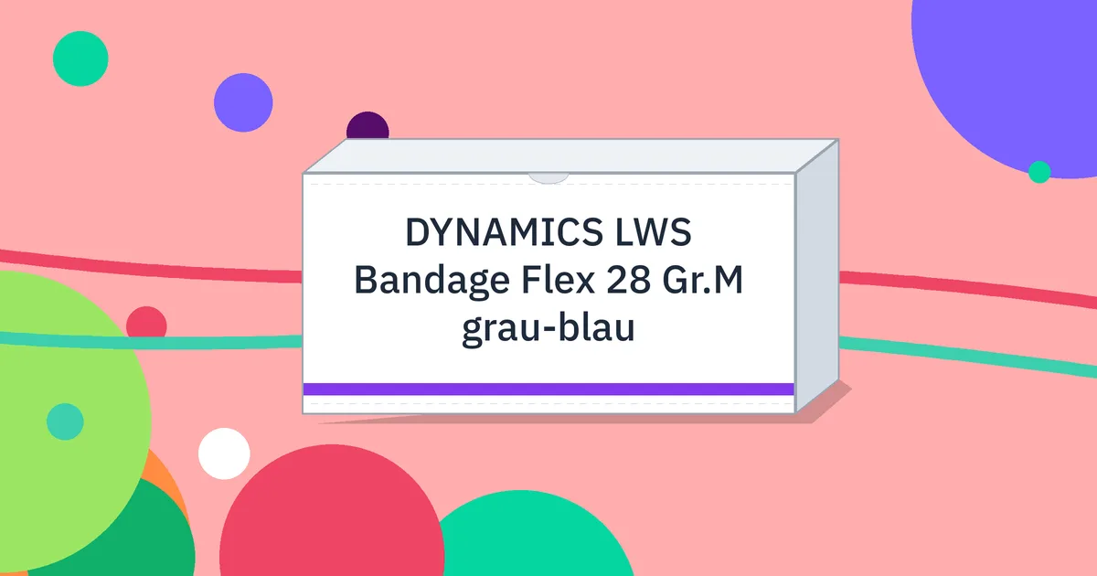 Symbolbild: Packung mit der Aufschrift DYNAMICS LWS Bandage Flex 28 Gr.M grau-blau (PZN 10634243) – Verfügbarkeit und Bezug in Apotheken in Frankfurt am Main