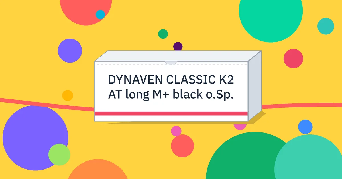 Symbolbild: Packung mit der Aufschrift DYNAVEN CLASSIC K2 AT long M+ black o.Sp. (PZN 18418935) – Verfügbarkeit und Bezug in Apotheken in Frankfurt am Main