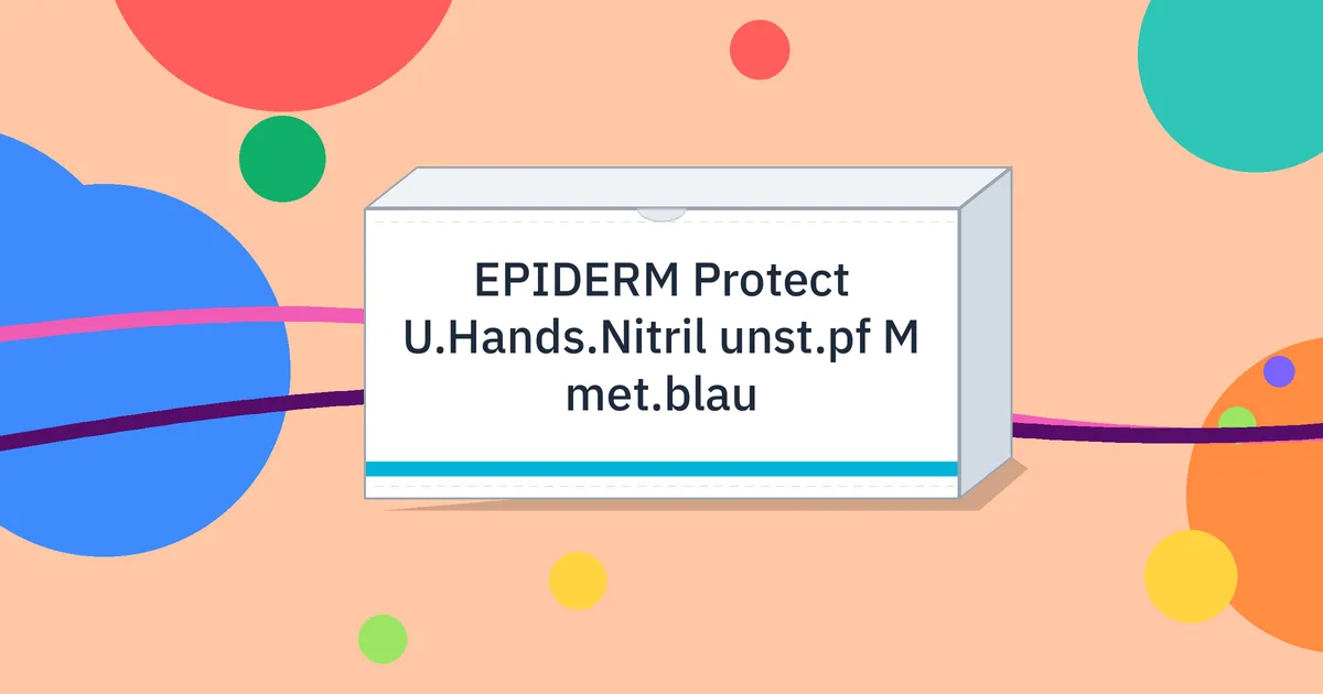 Symbolbild: Packung mit der Aufschrift EPIDERM Protect U.Hands.Nitril unst.pf M met.blau (PZN 16685773) – Verfügbarkeit und Bezug in Apotheken in Frankfurt am Main