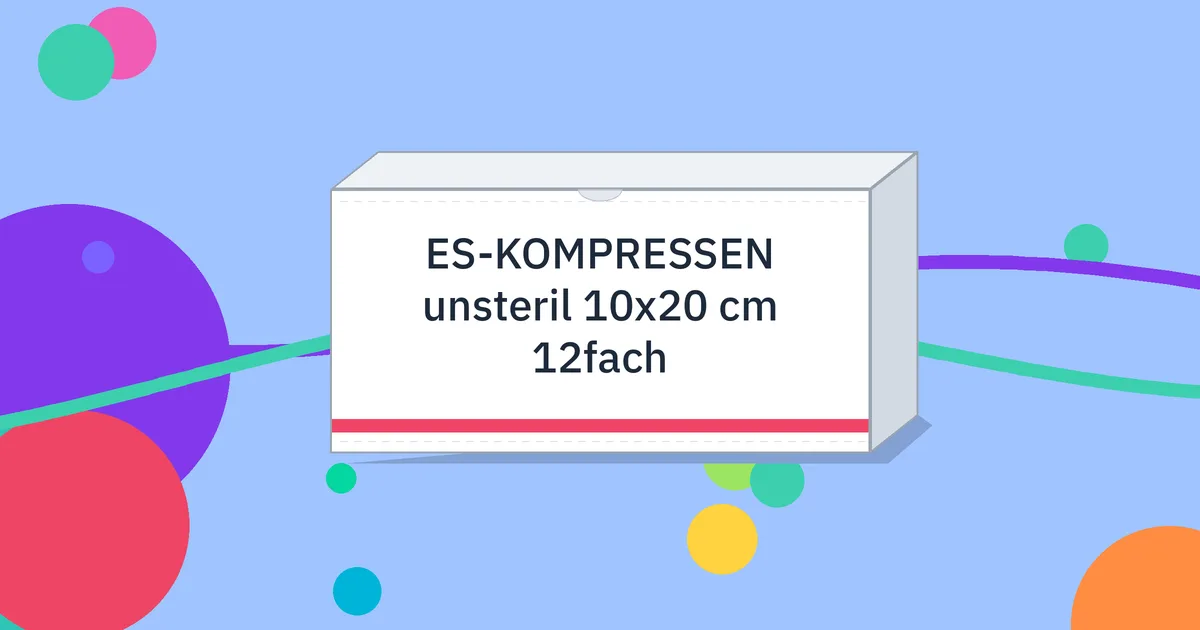 Symbolbild: Packung mit der Aufschrift ES-KOMPRESSEN unsteril 10x20 cm 12fach (PZN 15824652) – Verfügbarkeit und Bezug in Apotheken in Frankfurt am Main