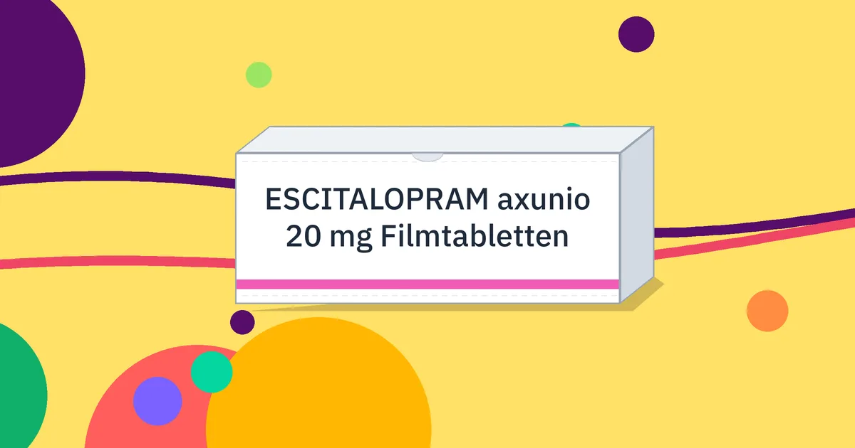 Symbolbild: Packung mit der Aufschrift ESCITALOPRAM axunio 20 mg Filmtabletten (PZN 18044334) – Verfügbarkeit und Bezug in Apotheken in Frankfurt am Main