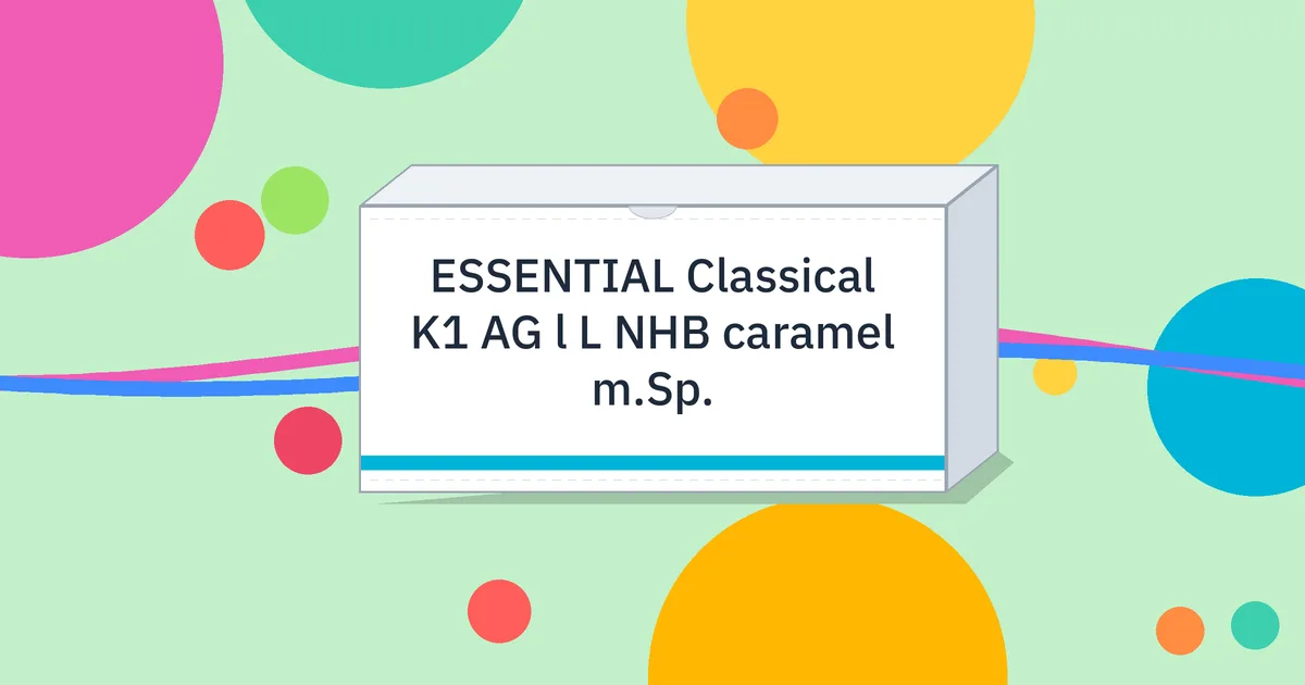Symbolbild: Packung mit der Aufschrift ESSENTIAL Classical K1 AG l L NHB caramel m.Sp. (PZN 17009844) – Verfügbarkeit und Bezug in Apotheken in Frankfurt am Main