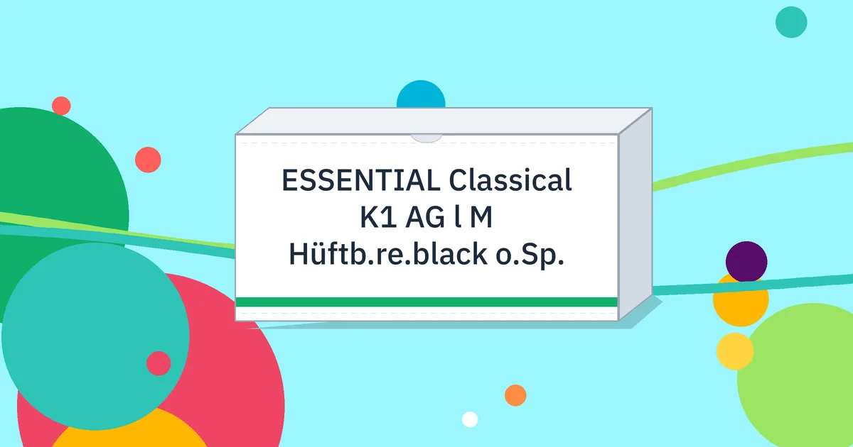 Symbolbild: Packung mit der Aufschrift ESSENTIAL Classical K1 AG l M Hüftb.re.black o.Sp. (PZN 17013455) – Verfügbarkeit und Bezug in Apotheken in Frankfurt am Main