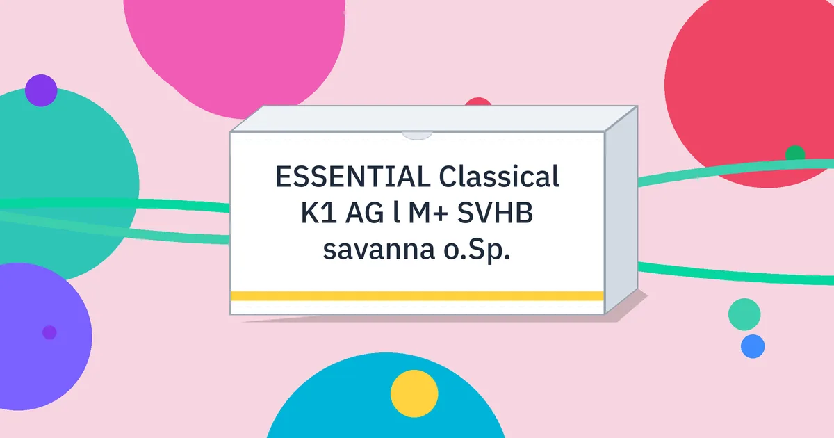 Symbolbild: Packung mit der Aufschrift ESSENTIAL Classical K1 AG l M+ SVHB savanna o.Sp. (PZN 18420435) – Verfügbarkeit und Bezug in Apotheken in Frankfurt am Main