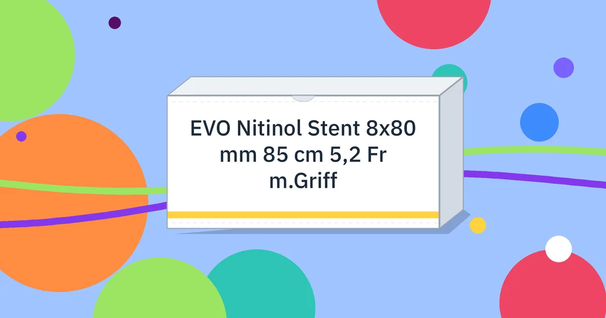 Symbolbild: Packung mit der Aufschrift EVO Nitinol Stent 8x80 mm 85 cm 5,2 Fr m.Griff (PZN 00223415) – Verfügbarkeit und Bezug in Apotheken in Frankfurt am Main