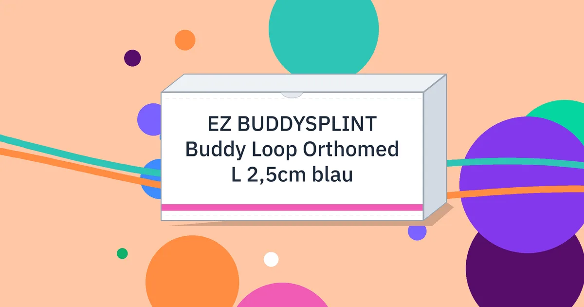 Symbolbild: Packung mit der Aufschrift EZ BUDDYSPLINT Buddy Loop Orthomed L 2,5cm blau (PZN 18247959) – Verfügbarkeit und Bezug in Apotheken in Frankfurt am Main