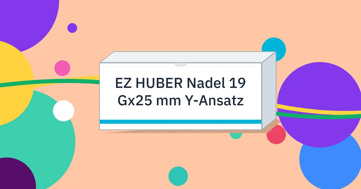 Symbolbild: Packung mit der Aufschrift EZ HUBER Nadel 19 Gx25 mm Y-Ansatz (PZN 05033530) – Verfügbarkeit und Bezug in Apotheken in Frankfurt am Main