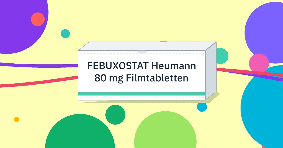 Symbolbild: Packung mit der Aufschrift FEBUXOSTAT Heumann 80 mg Filmtabletten (PZN 14215023) – Verfügbarkeit und Bezug in Apotheken in Frankfurt am Main