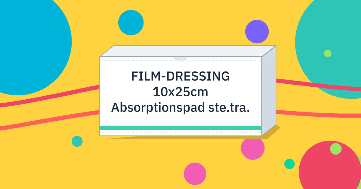Symbolbild: Packung mit der Aufschrift FILM-DRESSING 10x25cm Absorptionspad ste.tra. (PZN 19508971) – Verfügbarkeit und Bezug in Apotheken in Frankfurt am Main