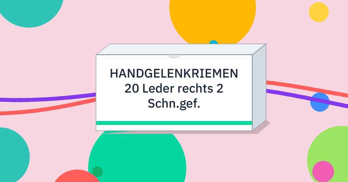 Symbolbild: Packung mit der Aufschrift HANDGELENKRIEMEN 20 Leder rechts 2 Schn.gef. (PZN 03230290) – Verfügbarkeit und Bezug in Apotheken in Frankfurt am Main