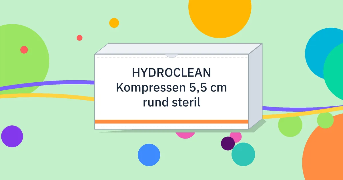 Symbolbild: Packung mit der Aufschrift HYDROCLEAN Kompressen 5,5 cm rund steril (PZN 16596294) – Verfügbarkeit und Bezug in Apotheken in Frankfurt am Main