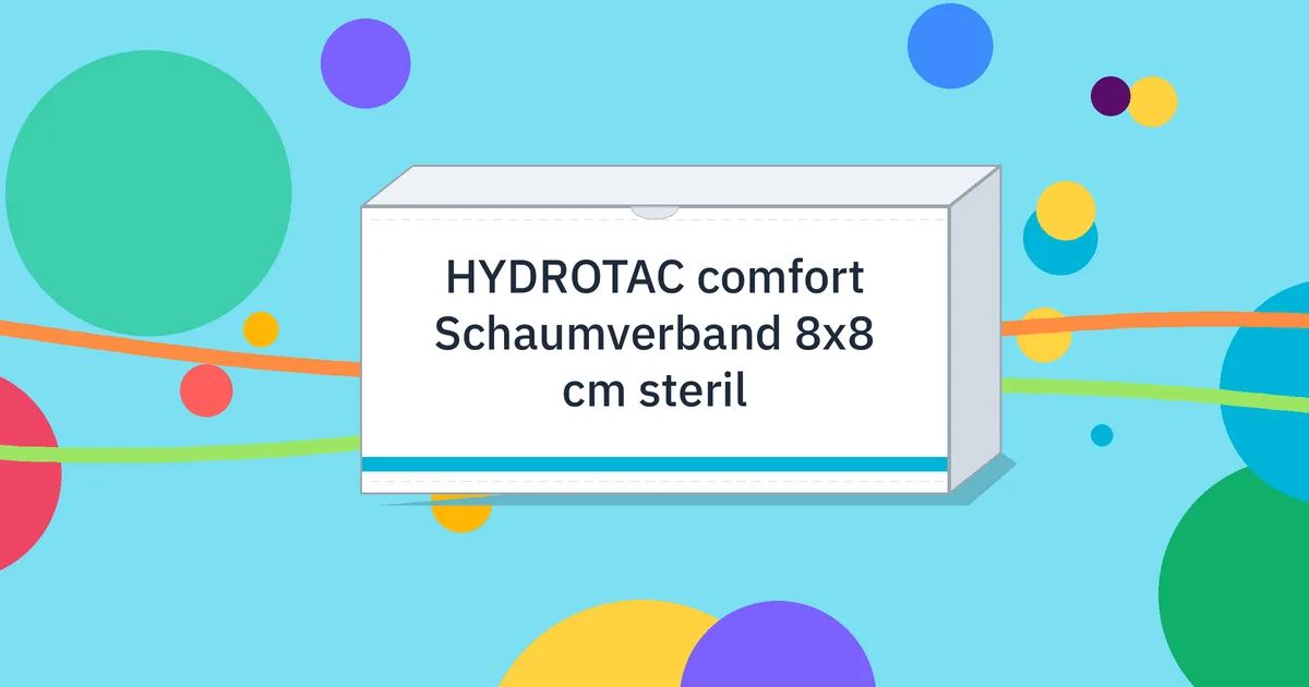Symbolbild: Packung mit der Aufschrift HYDROTAC comfort Schaumverband 8x8 cm steril (PZN 20691472) – Verfügbarkeit und Bezug in Apotheken in Frankfurt am Main