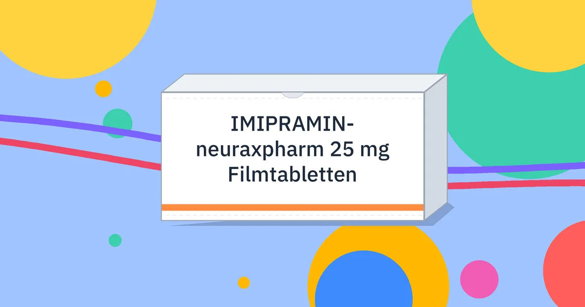 Symbolbild: Packung mit der Aufschrift IMIPRAMIN-neuraxpharm 25 mg Filmtabletten (PZN 00449042) – Verfügbarkeit und Bezug in Apotheken in Frankfurt am Main