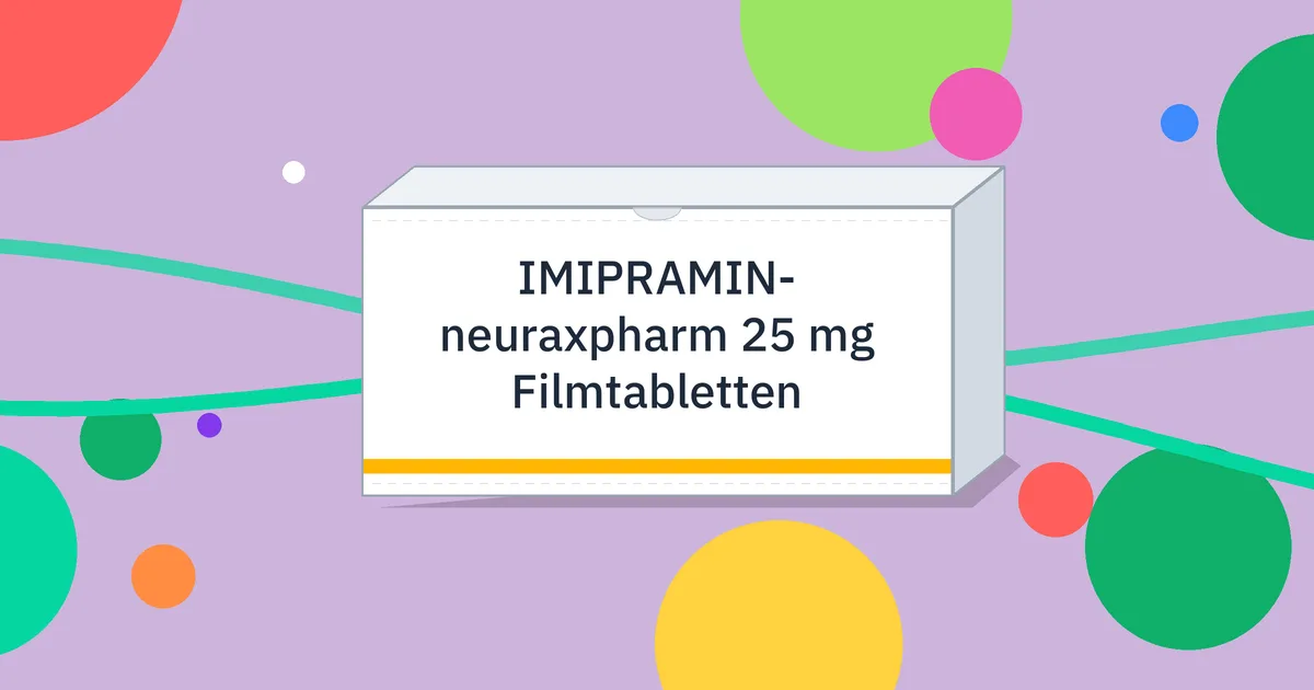 Symbolbild: Packung mit der Aufschrift IMIPRAMIN-neuraxpharm 25 mg Filmtabletten (PZN 00448982) – Verfügbarkeit und Bezug in Apotheken in Frankfurt am Main