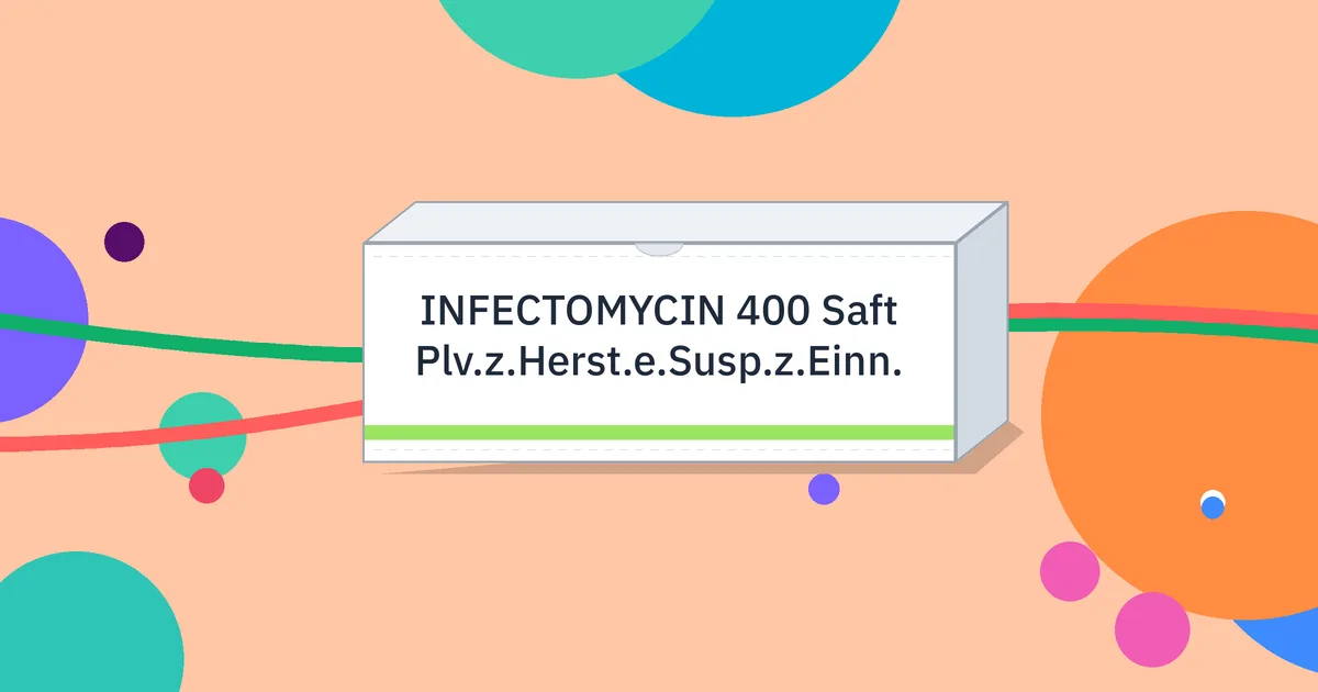 Symbolbild: Packung mit der Aufschrift INFECTOMYCIN 400 Saft Plv.z.Herst.e.Susp.z.Einn. (PZN 11072132) – Verfügbarkeit und Bezug in Apotheken in Frankfurt am Main