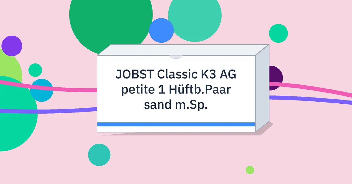Symbolbild: Packung mit der Aufschrift JOBST Classic K3 AG petite 1 Hüftb.Paar sand m.Sp. (PZN 13074626) – Verfügbarkeit und Bezug in Apotheken in Frankfurt am Main