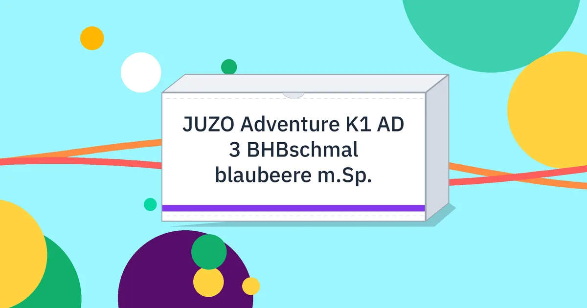 Symbolbild: Packung mit der Aufschrift JUZO Adventure K1 AD 3 BHBschmal blaubeere m.Sp. (PZN 16345385) – Verfügbarkeit und Bezug in Apotheken in Frankfurt am Main