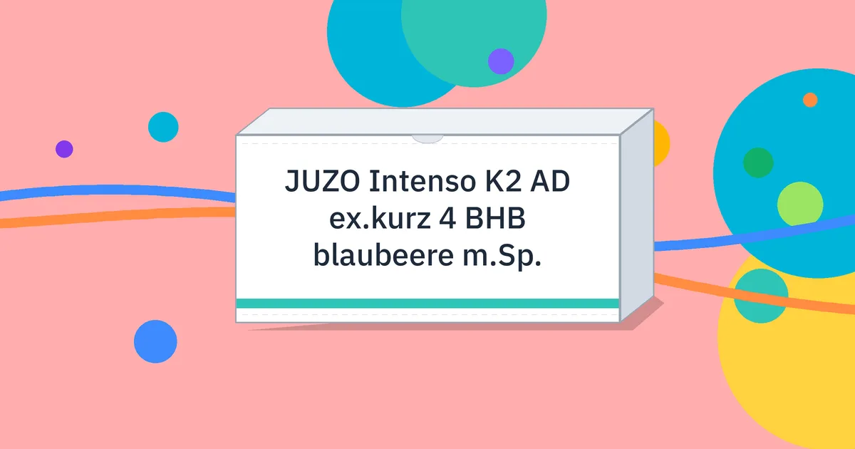 Symbolbild: Packung mit der Aufschrift JUZO Intenso K2 AD ex.kurz 4 BHB blaubeere m.Sp. (PZN 18615185) – Verfügbarkeit und Bezug in Apotheken in Frankfurt am Main