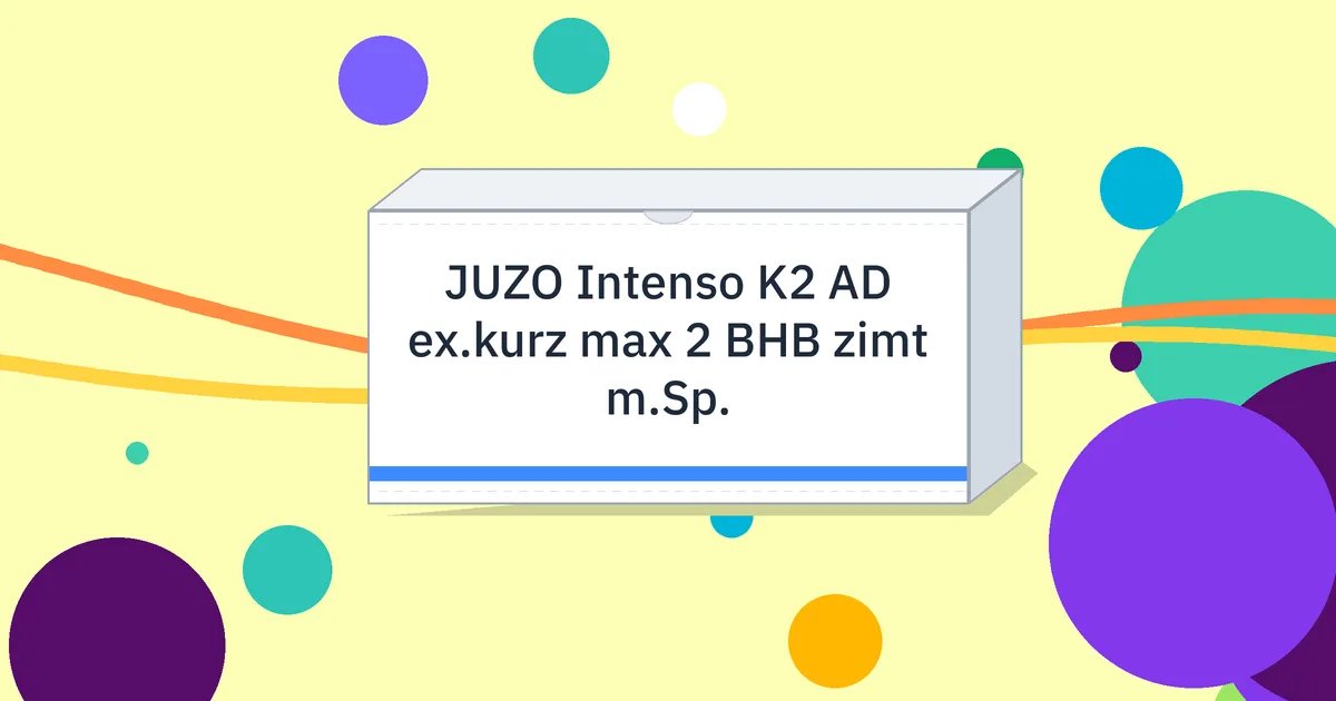 Symbolbild: Packung mit der Aufschrift JUZO Intenso K2 AD ex.kurz max 2 BHB zimt m.Sp. (PZN 18613832) – Verfügbarkeit und Bezug in Apotheken in Frankfurt am Main