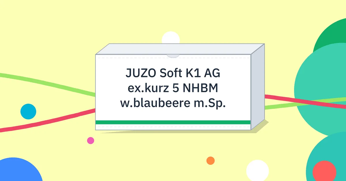 Symbolbild: Packung mit der Aufschrift JUZO Soft K1 AG ex.kurz 5 NHBM w.blaubeere m.Sp. (PZN 15017822) – Verfügbarkeit und Bezug in Apotheken in Frankfurt am Main