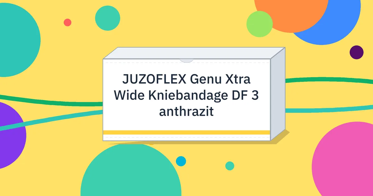 Symbolbild: Packung mit der Aufschrift JUZOFLEX Genu Xtra Wide Kniebandage DF 3 anthrazit (PZN 16497830) – Verfügbarkeit und Bezug in Apotheken in Frankfurt am Main