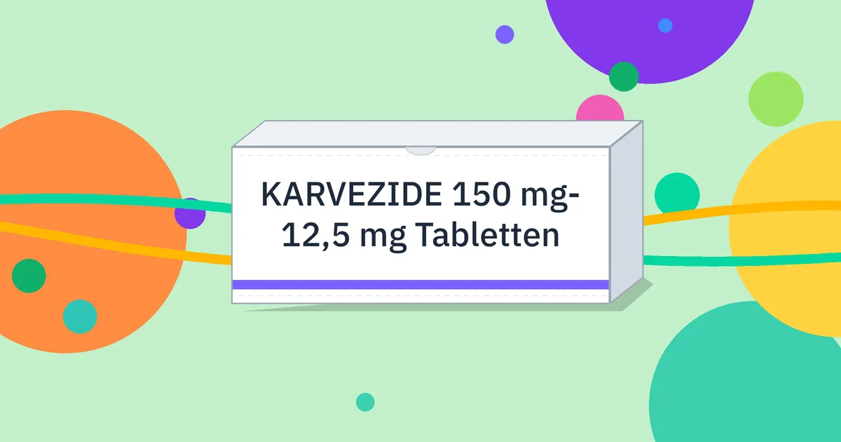 Symbolbild: Packung mit der Aufschrift KARVEZIDE 150 mg-12,5 mg Tabletten (PZN 03864103) – Verfügbarkeit und Bezug in Apotheken in Frankfurt am Main