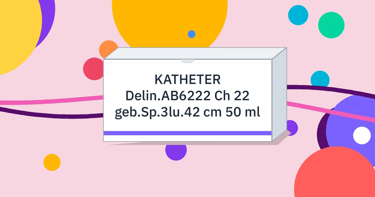 Symbolbild: Packung mit der Aufschrift KATHETER Delin.AB6222 Ch 22 geb.Sp.3lu.42 cm 50 ml (PZN 00152885) – Verfügbarkeit und Bezug in Apotheken in Frankfurt am Main