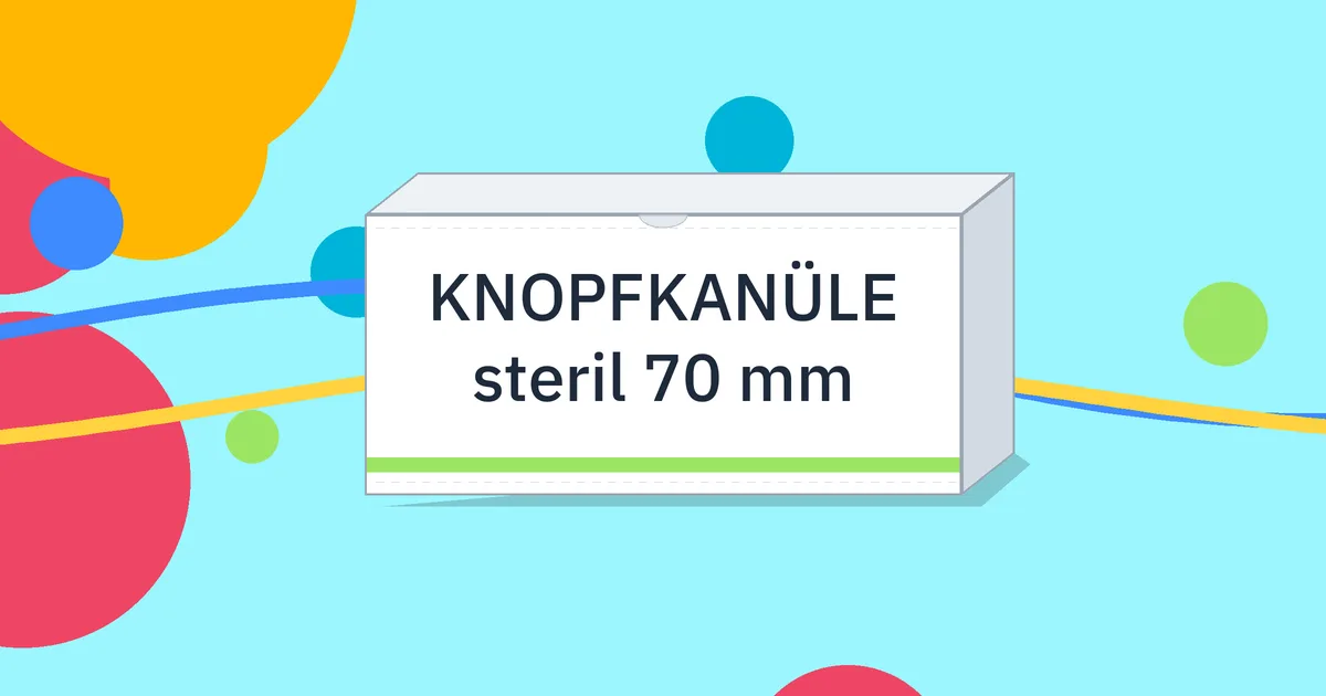 Symbolbild: Packung mit der Aufschrift KNOPFKANÜLE steril 70 mm (PZN 16778724) – Verfügbarkeit und Bezug in Apotheken in Frankfurt am Main