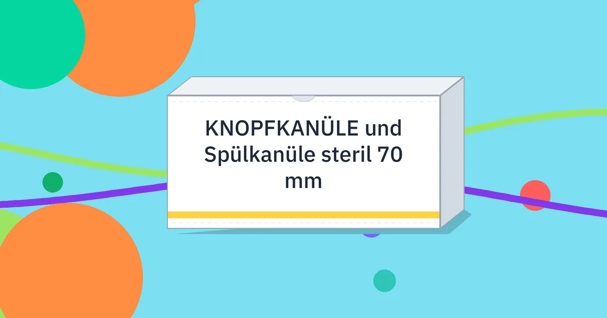 Symbolbild: Packung mit der Aufschrift KNOPFKANÜLE und Spülkanüle steril 70 mm (PZN 18832801) – Verfügbarkeit und Bezug in Apotheken in Frankfurt am Main