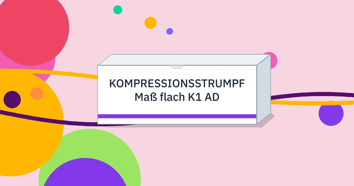 Symbolbild: Packung mit der Aufschrift KOMPRESSIONSSTRUMPF Maß flach K1 AD (PZN 16744932) – Verfügbarkeit und Bezug in Apotheken in Frankfurt am Main