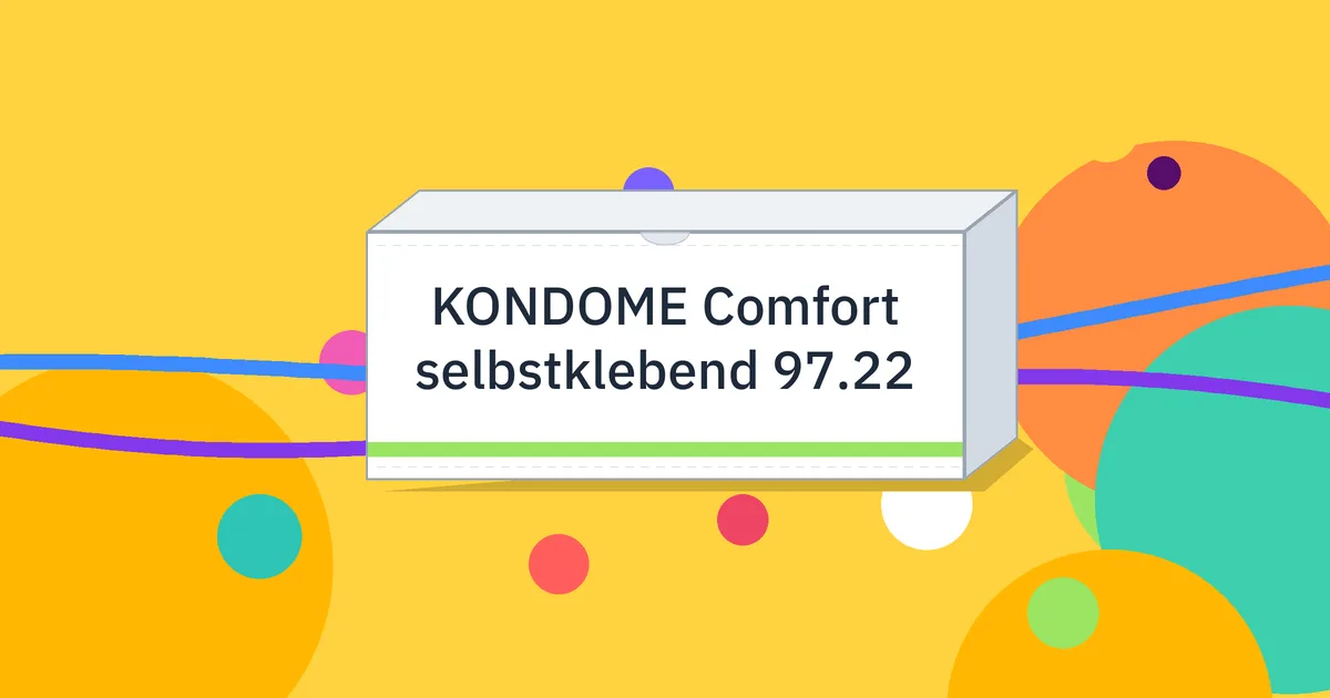 Symbolbild: Packung mit der Aufschrift KONDOME Comfort selbstklebend 97.22 (PZN 00590680) – Verfügbarkeit und Bezug in Apotheken in Frankfurt am Main