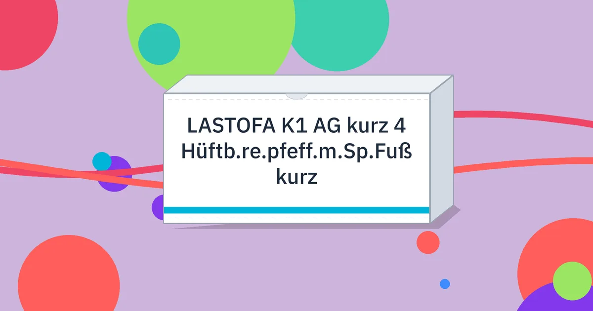 Symbolbild: Packung mit der Aufschrift LASTOFA K1 AG kurz 4 Hüftb.re.pfeff.m.Sp.Fuß kurz (PZN 13798583) – Verfügbarkeit und Bezug in Apotheken in Frankfurt am Main