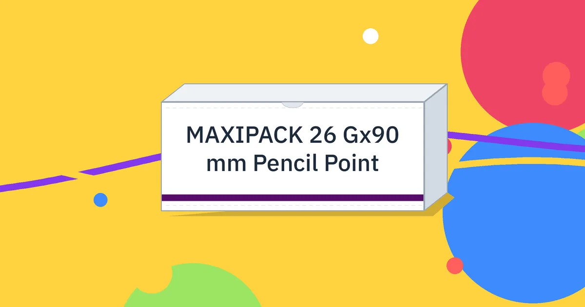 Symbolbild: Packung mit der Aufschrift MAXIPACK 26 Gx90 mm Pencil Point (PZN 09217787) – Verfügbarkeit und Bezug in Apotheken in Frankfurt am Main
