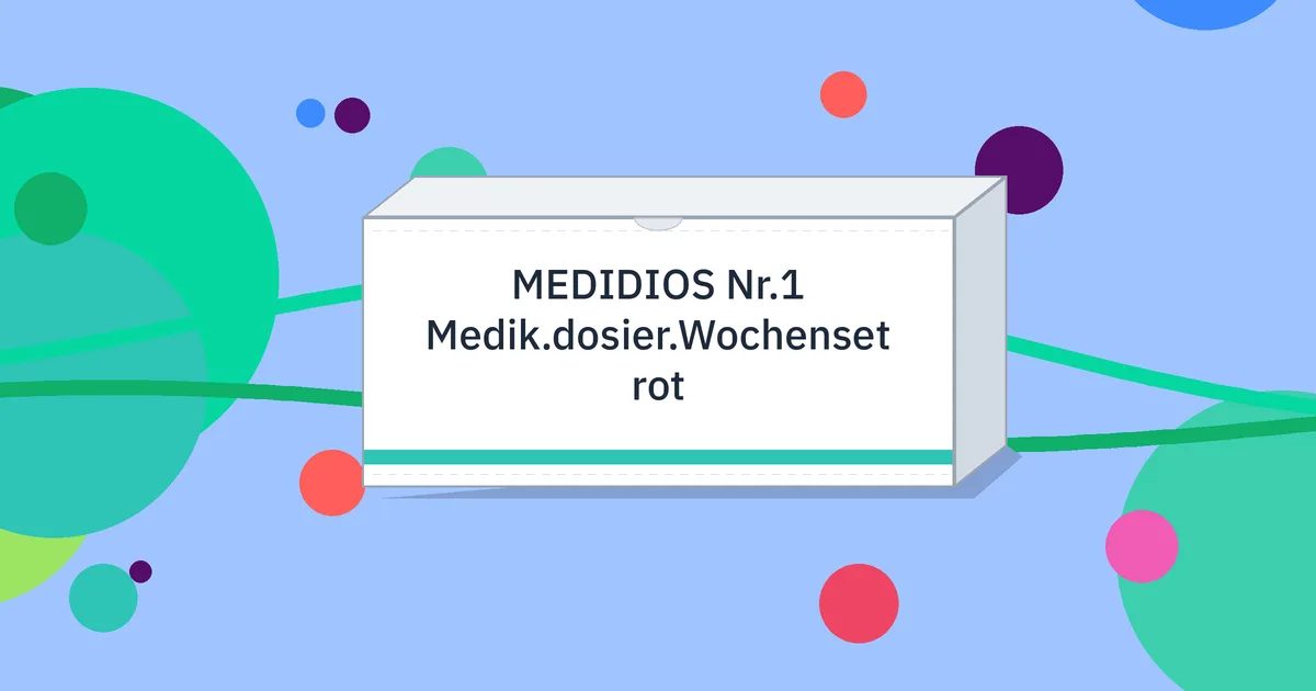 Symbolbild: Packung mit der Aufschrift MEDIDIOS Nr.1 Medik.dosier.Wochenset rot (PZN 14216991) – Verfügbarkeit und Bezug in Apotheken in Frankfurt am Main
